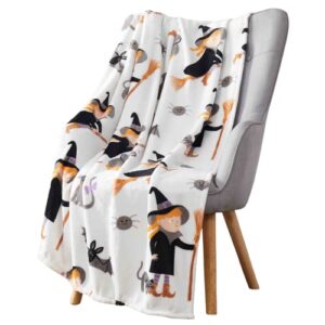 halloween throw blanket: cute girl witch with faithful cat surrounded by spiders and bats print on fuzzy soft velvet fleece throw blanket