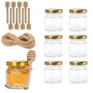 rormket 1.5oz 6pack mini glass hexagon jars gold lids, bee charms honeybee pendant, honey dipper sticks, jute tag string，wedding baby show thank you party favors gifts, crafts canning glasses jar