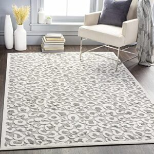 mark&day animal print rugs, 5x7 vossen modern indoor outdoor cheetah leopard cream area rug, non shedding white blue black carpet for patio, porch, deck, living room, bedroom or kitchen (5'3" x 7'3")