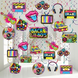 53 pieces 80s party decorations, retro 1980s hip hop party hanging swirls ceiling decor for adults back to the 80s party 1980s throwback birthday party neon party rock hippie party supplies