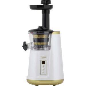 omega juicer cold press 365 vertical slow masticating extractor for fruits and vegetables, bpa-free, 65 rpm, 150-watts, white