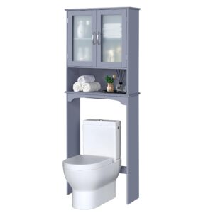 yaheetech over the toilet storage cabinet, free standing toilet rack with adjustable shelves and tempered glass doors for bathroom washroom, grey