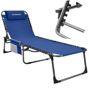 fundango folding outdoor chaise lounge chair, 5-position adjustable lounge chair for lawn, patio, beach, sunbathing, deck, portable heavy-duty camping reclining chair with pillow, blue