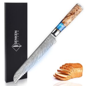 senken damascus steel bread knife - tsunami collection - 67-layer japanese vg10 steel core - unique blue resin & natural wood handle, razor sharp, beautiful damascus wave pattern (7.5" bread knife)