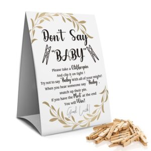 muruseni don't say baby clothespin games sign(1 sign + 50 mini clothespins), baby shower games, golden leaf,gender neutral baby shower (1d)