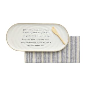 mud pie stoneware hostess set, natural, tray 7" x 15" | towel 26" x 16 1/2" | spreader 5 1/2"