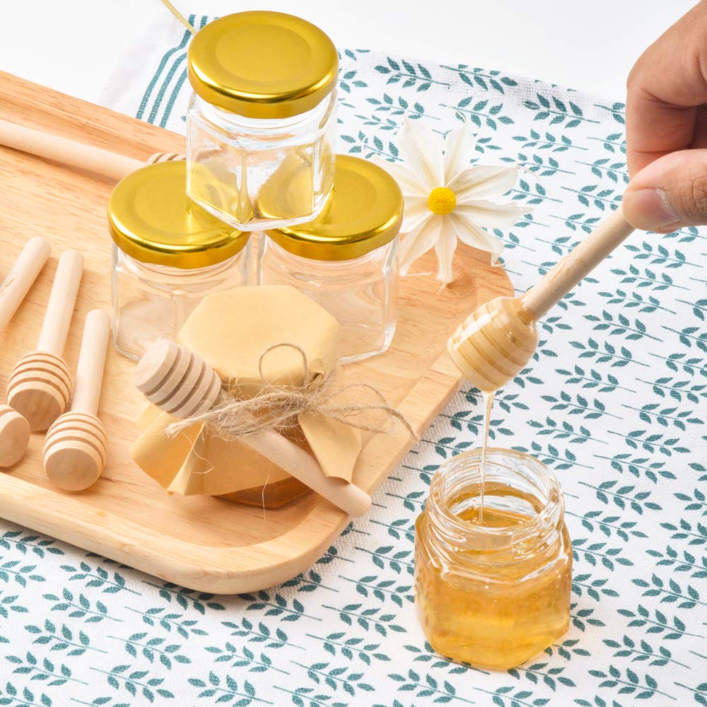 Rormket 1.5oz 6Pack Mini Glass Hexagon Jars Gold Lids, Bee Charms Honeybee Pendant, Honey Dipper Sticks, Jute Tag String，Wedding Baby Show Thank You Party Favors Gifts, Crafts Canning Glasses Jar