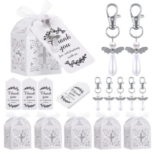 outus 60 pcs baptism party favors for guest boy girl baby shower favors bulk 20 angel pendant keychains decoration 20 thank you tags 20 cross shape boxes for first communion holy return gifts(white)