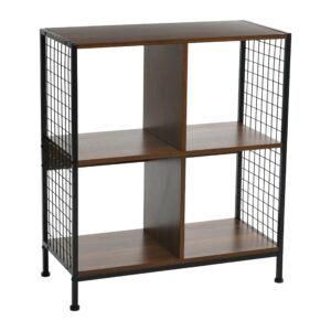 household essentials trellis open storage bookshelf with 4 cube compartments mid century walnut wood grain and black metal