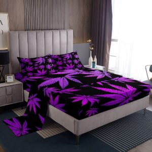 feelyou marijuana leaf bed sheets weed leaf botanical sheet set for kids men women adults cannabis leaves bed set luxury puple hemp sheets room decor 4pcs queen size