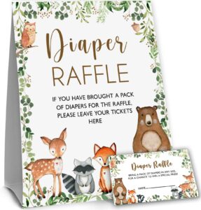 yuzioey woodland greeting card - diaper raffle tickets and sign, woodland forest baby shower game, gender neutral