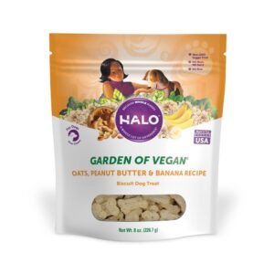 halo plant-based dog treats with peanut butter and banana, vegan dog treat pouch, 8oz bag