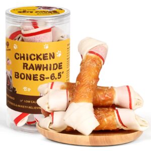 pawup dog treat rawhide bones with chicken (6.5 ", 4 pcs), dog chews beefhide treats w/taurine, 10.5 oz