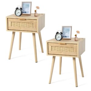 lazzo set of 2 bedroom nightstands wooden night stands with rattan weaving drawer home bedside end table for bedroom storage (set of 2)