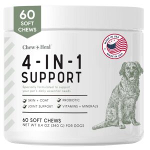 chew + heal all in 1 dog vitamin - 60 soft chew treats - chewable multivitamin with probiotics, digestive enzymes, for skin and coat, hip and joint support - with omega, calcium - made in the usa