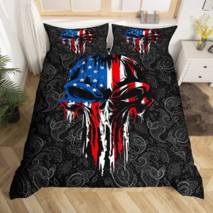 paisley duvet cover set twin size,american flag gothic skull print bedding set 2pcs for kids teens room decor,halloween theme comforter cover soft breathable bedspreads cover with 1 pillowcase,black