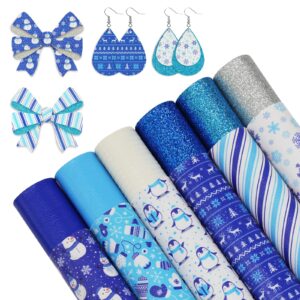 whaline 12pcs winter faux leather sheet blue white synthetic leather snowflake snowman penguin sweater pattern glitter fabric crafts for christmas earring hair bow craft gift diy, 8.3 x 6.3 inch