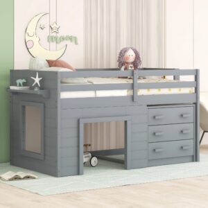 citylight low loft bed with storage,wood twin size loft bed with cabinet and shelf,kids loft bed frame for girls boys,grey