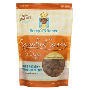 remy’s kitchen sweet potato turmeric freeze dried dog treats usa sourced and small batch made - human-grade, all natural superfood dog snacks without artificial preservatives, grain free - 3.5 oz