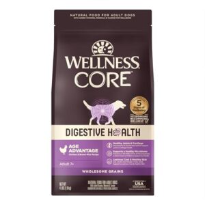 wellness core digestive health dry senior food with wholesome grains, advanced age for dogs over 7-years old, for dogs with sensitive stomachs, made in usa with real chicken (senior, 4 pound bag)