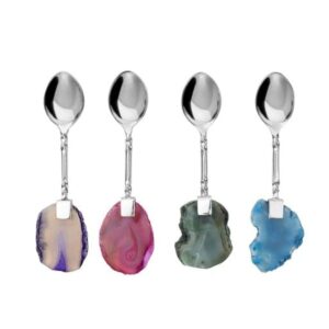 artisan silver coffee spoon with crystal accent - dessert, tea & coffee spoons set of 4 - handcrafted coffee spoons for coffee bar - mixing & stirring spoons with crystal energy by wanda living