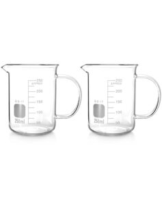 qwork beaker with handle, 250ml/8.45oz, measuring cup, borosilicate glass, beaker mug with pouring spout, 2 pack