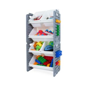 uniplay toy organizer with 6 removable storage bins, multi-bin organizer for books, building blocks, school materials, toys with baseplate board frame (gray)