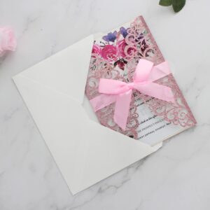 Mabbcoo 50Pcs Pink Glitter Wedding Invitations With Envelopes and RSVP Cards and Pink Ribbon Laser Cut Invitation Kits For Wedding Bridal Shower Quinceanera Invite