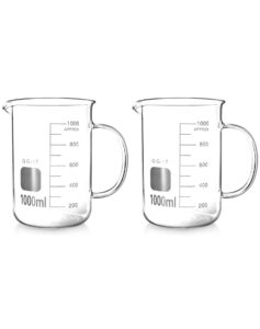 qwork beaker with handle, 1000ml/33.81oz, measuring cup, borosilicate glass, beaker mug with pouring spout, 2 pack