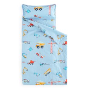 wake in cloud - nap mat with removable pillow for kids toddler boys girls daycare preschool kindergarten sleeping bag, cars cranes excavators trucks printed on blue, 100% cotton with microfiber fill