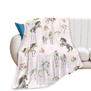 horse blanket gifts for girls women western horses flowers fleece flannel throw blankets soft lightweight horse plush stuffed animal pink throws for horse lovers kids adults bed sofa decor 50"x40"