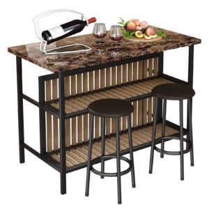 awqm 3 piece bar table set with storage, kitchen island with seating wooden counter height table and chairs set, brown