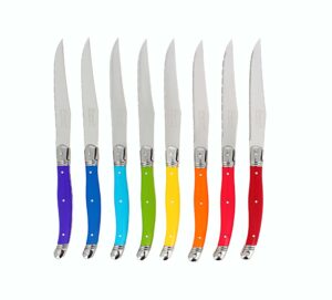 french home laguiole 8-piece steak knife set – sophisticated stainless steel dinner knives with rainbow handles & iconic bee emblem – serrated knives for smooth cutting (9.25")