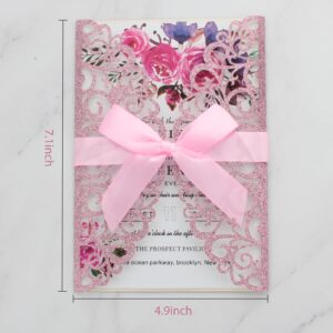 Mabbcoo 50Pcs Pink Glitter Wedding Invitations With Envelopes and RSVP Cards and Pink Ribbon Laser Cut Invitation Kits For Wedding Bridal Shower Quinceanera Invite