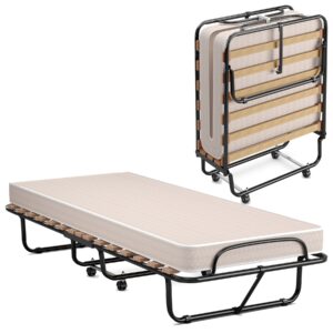 komfott folding rollaway bed with 4" mattress, foldable rollaway bed with memory foam mattress for adults, portable fold up guest bed with sturdy steel frame on wheels for home & office, made in italy