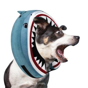 choola pet shark theme inflatable dog cone collar (large) for after surgery care bundled with pump and extra tube