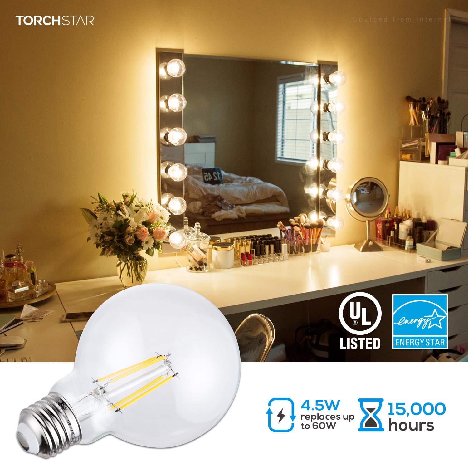 TORCHSTAR G25 Globe Light Bulbs LED Dimmable, Round Clear Vanity Light Bulb for Bathroom, LED Edison Bulb, 4.5W(60W Eqv.), UL & Energy Star Listed, 500lm, E26 Base, 2700K Soft White, Pack of 6