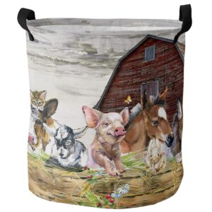 laundry basket animal pig cow farm barn,waterproof collapsible clothes hamper retro fence country wheat harvest,large storage bag for bedroom bathroom