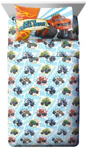 jay franco blaze and the monster machines off to the races toddler size sheet set - 3 piece set super soft and kid’s bedding - fade resistant microfiber sheets (official blaze product)