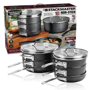 granitestone stackable pots and pans set nonstick, 10 piece space saving complete kitchen cookware set with ultra nonstick mineral & diamond coating, oven & dishwasher safe, healthy & toxin free-black