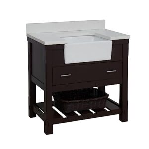 charlotte 36-inch farmhouse bathroom vanity (quartz/chocolate): includes chocolate cabinet with stunning quartz countertop and white ceramic apron sink