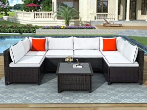 gaopan 7 piece garden outdoor modular wicker furniture set, sectional rattan sofa patio lounge & deep seating conversation furnishings with cushions,accent pillows & coffee table, white+black