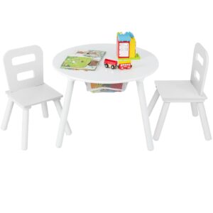 honey joy kids table and chair set, wooden children activity table and 2 chairs for art & craft, storage mesh basket, 3-piece toddler furniture set for daycare & playroom, gift for boys girls (white)