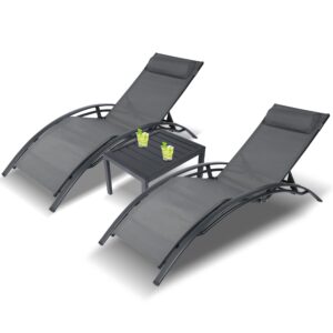 outdoor chaise lounge set of 3 pool lounge chairs for outside, patio lounge chairs set with adjustable backrest for all weather, including side table, 350lbs weight capacity pool furniture set, grey