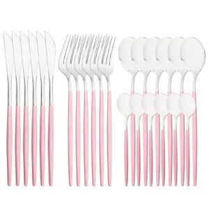 snplowum mirror cutlery serving set, 24-piece 18/0 stainless steel silverware with pink handle simple & modern tableware for home party restaurant christmas dinner, service for 6 (pink silver)