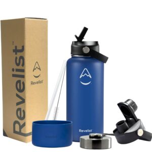 revelist sports water bottle - 32 oz, 3 lids (straw lid, spout & screw top) with boot, vacuum insulated stainless steel, double walled, reusable water flask, metal canteen - midnight blue