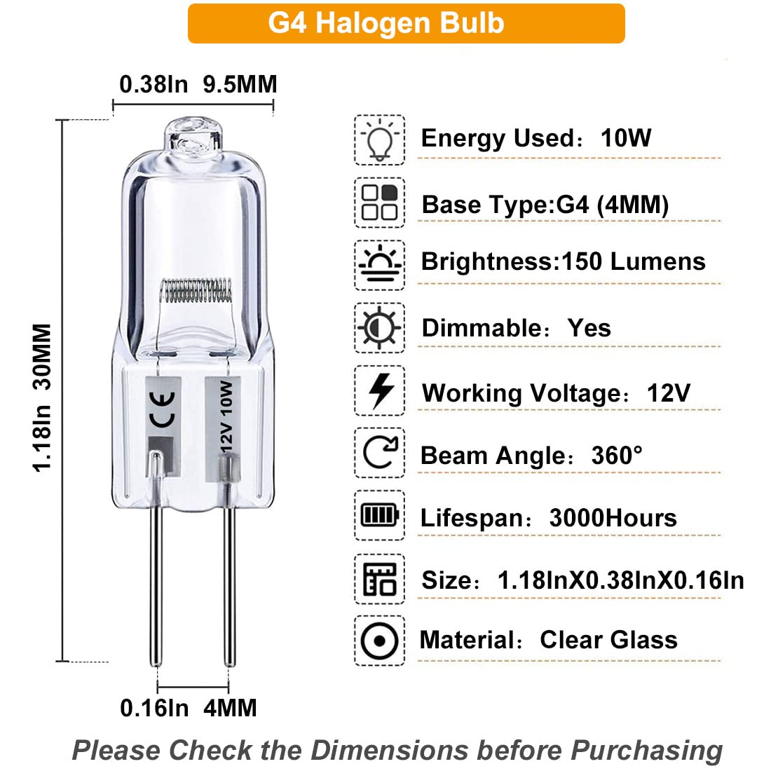 G4 Bulb, 10 Pack Halogen G4 12V 10W with G4 Bi-pin Base, High Output G4 Light Bulb 12V 150LM 3000Hrs Long Lifetime, G4 Dimmable, CRI100 & 2800K Warm White, G4 Halogen Bulb 10W for Cabinet Light Bulbs