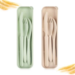 travel utensil set with case, 2 sets wheat straw reusable spoon chopstick forks tableware, portable cutlery travel picnic camping or daily use (beige, green)