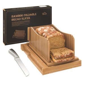 bamboo bread slicer with serrated knife, adjustable bread slicer guide with 3 thickness size, foldable compact chopping cutting board with crumb tray, great for homemade bread, cakes, bagels