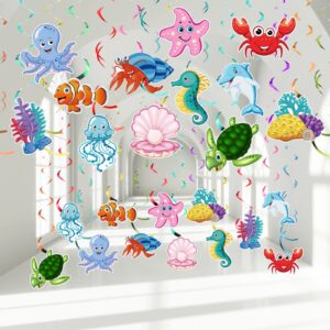 30 pieces sea animals hanging swirl decorations under the sea birthday party ceiling decor for boys girls ocean mermaid creatures baby shower tropic fish beach party favors supplies